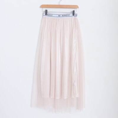 D18004日单客供料甜美字母松紧高腰显瘦长裙女纯色气质纱网半身裙