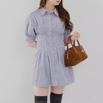 D12077日单客供料单排扣微宽松显瘦女甜美气质后绑带衬衫裙连衣裙