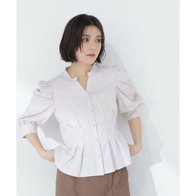 E030119日单8492日元N*BB新款V领单排扣修身女条纹泡泡七分袖衬衫