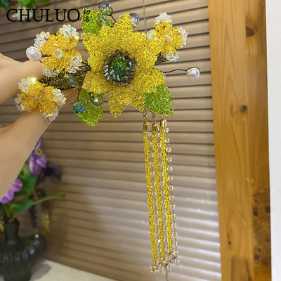CL432新中式水晶花朵流苏弹簧夹高级感后脑勺半扎发饰轻奢头饰夹
