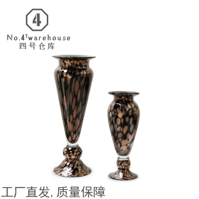 中式轻奢豹纹黑金高脚琉璃花瓶样板间客餐厅书房玄关软装插花摆件
