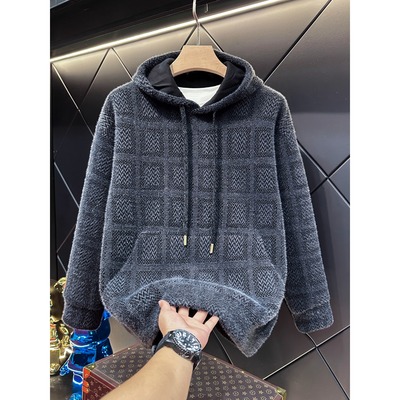 秋冬撞色绒毛格子抽绳连帽卫衣