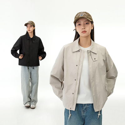 美式复古工装纯色翻领夹克外套