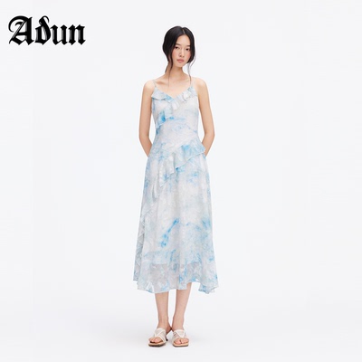 Abun【商场同款】2026年夏季新品法式浪漫蓝色晕染吊带连衣裙女