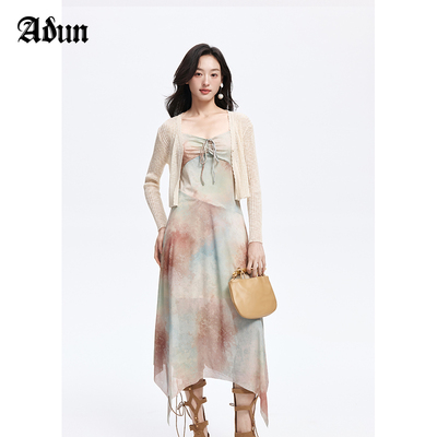 Abun【商场同款】夏季新品晕染系带不规则下摆吊带裙
