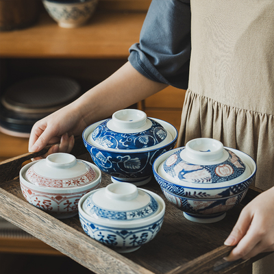 6英寸青花陶瓷盖碗复古米饭碗