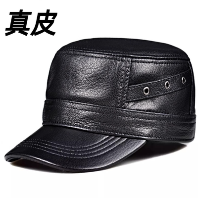 新款真皮帽子男老人秋冬户外平顶薄款中老年人牛皮鸭舌帽老头帽潮