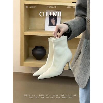 羊皮版~韩系气质尖头细跟短靴女高跟弹力瘦瘦靴百搭后拉链马丁靴