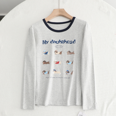 诗家~休闲百搭印花圆领长袖T恤女2025秋季新款宽松柔软亲肤打底衫