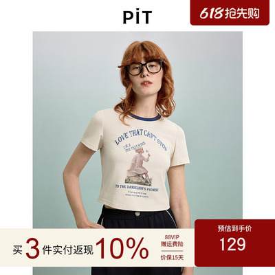 PIT正肩短款印花T恤女士2026夏季新款趣味图案显瘦上衣