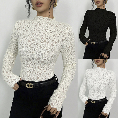 Women's Half-turtleneck Lace Slim-fit Long-sleeved Long Top