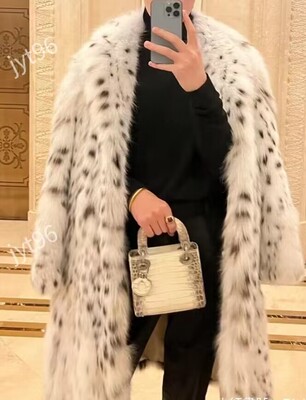 皮草lynx中长款纯白lynx外套天然