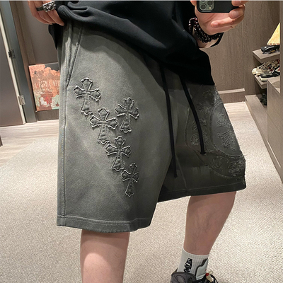 美式潮牌刺绣烧花logo水洗灰短裤