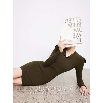 Foundume  早秋新款长袖大翻领收腰包臀显瘦针织连衣裙女