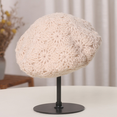 日系镂空手钩花朵贝雷帽女秋冬针织毛线帽小众设计保暖画家0117k