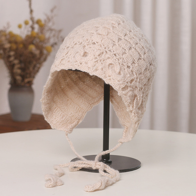 小众设计花朵包头帽女秋冬保暖针织毛线帽甜美护耳帽0117k