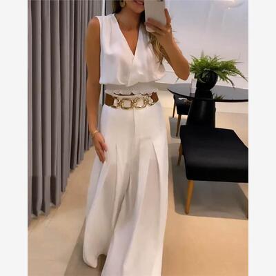 束腰无袖背心阔腿裤套装