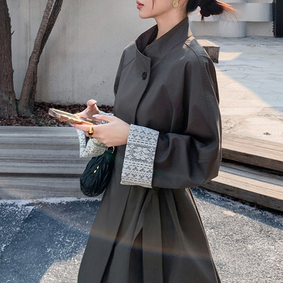 英国george melis蕾丝翻边袖深灰色立领短款风衣女秋新款修身