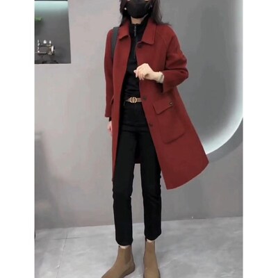 23780大爱美依缘2025新款红色翻领中长款毛呢外套时尚简约显瘦女