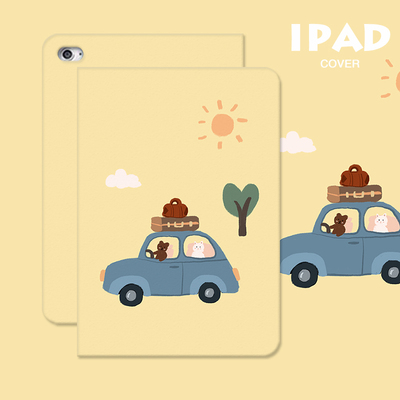 第2件半价原创插画iPad保护壳朋友郊游苹果三折360旋转亚克力笔槽pro13寸112.9air610.9mini磁吸平板套华为壳
