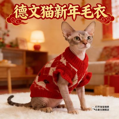 德文猫专用衣服宠物秋冬季防风保暖菱格毛衣小型犬新年喜庆两脚衣