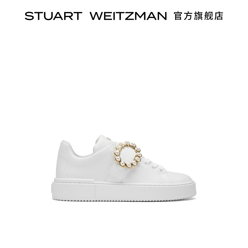 SW PEARL BUCKLE春夏季珍珠圆形尼龙扣带平底休闲运动鞋小白鞋女_虎窝淘