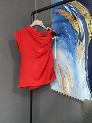 E红色全真丝不对称系绳砍袖背心EAI2TOP024