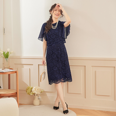 翠盈优雅圆领蕾丝修身拼接雪纺喇叭袖连衣裙韩版通勤裙88190