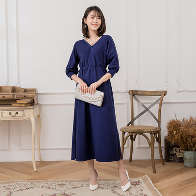 翠盈cuiying女裙新款正反两穿V领修身显瘦松紧腰长连衣裙88322
