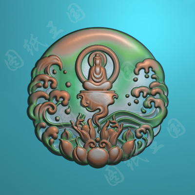 J0090听潮观音平安扣jdp精雕图bmp灰度图观音坐莲玉雕木雕浮雕图