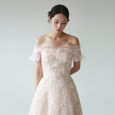 Veils粉色复古蕾丝轻婚纱小礼服