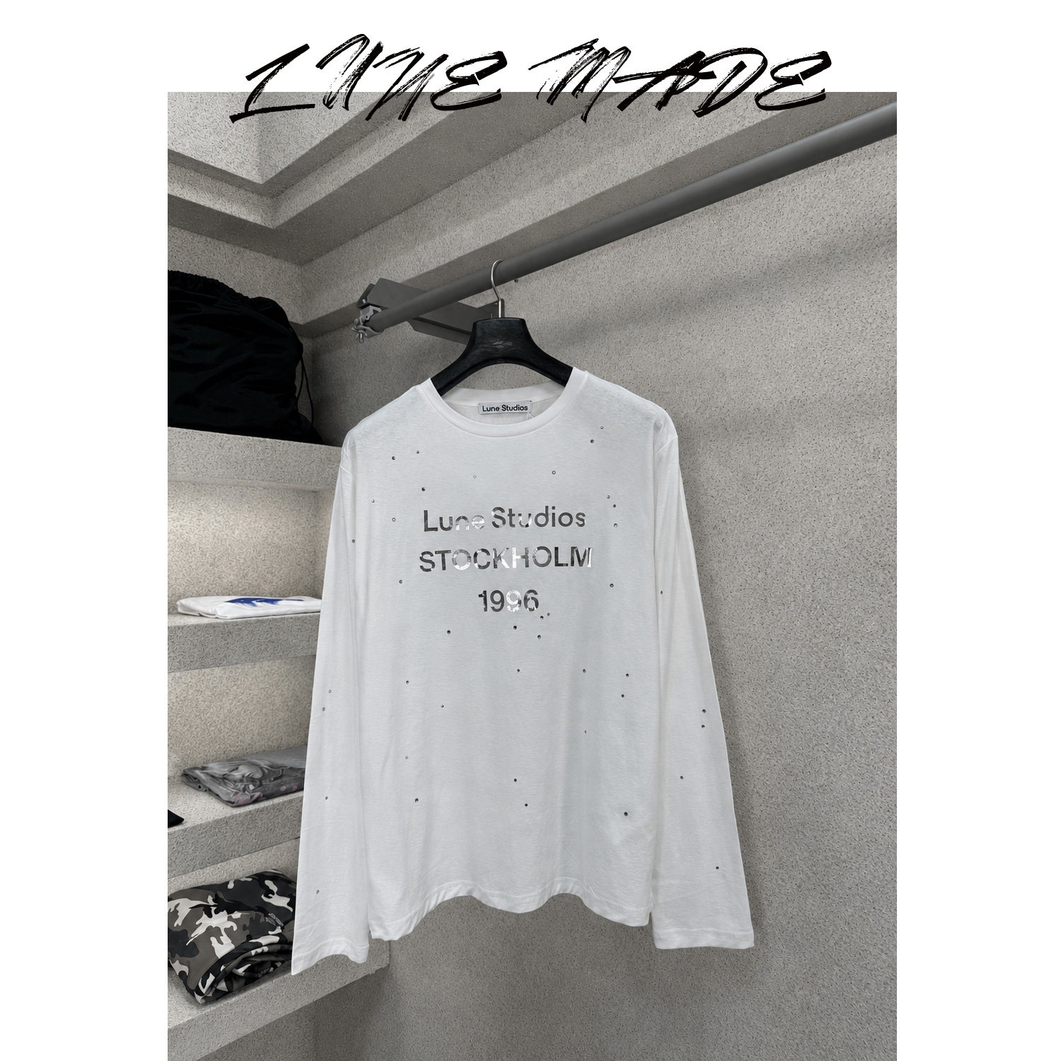 lunemade AC白色亮片1996印花85%棉15%亚麻男女情侣长袖T恤