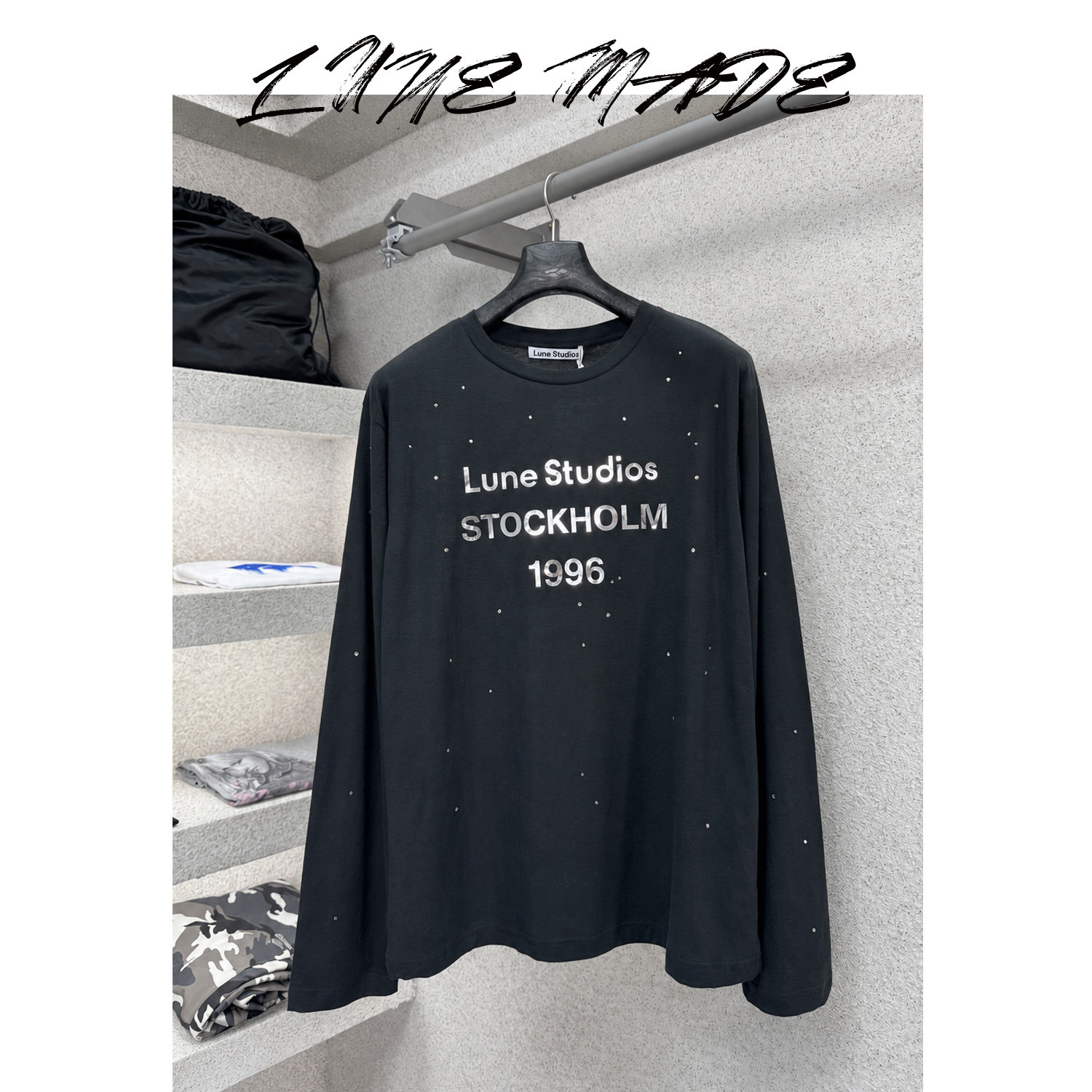 LuneStudios26ss白鹿赵露思同款AC1996烫钻字母印花宽松长袖T恤女