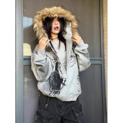 15GET 美式复古重磅加厚毛领连帽卫衣慵懒感开衫外套情侣款秋冬潮