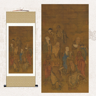古画元人应真像轴画伏虎尊者等九应真人与侍者二人画像卷轴画挂画