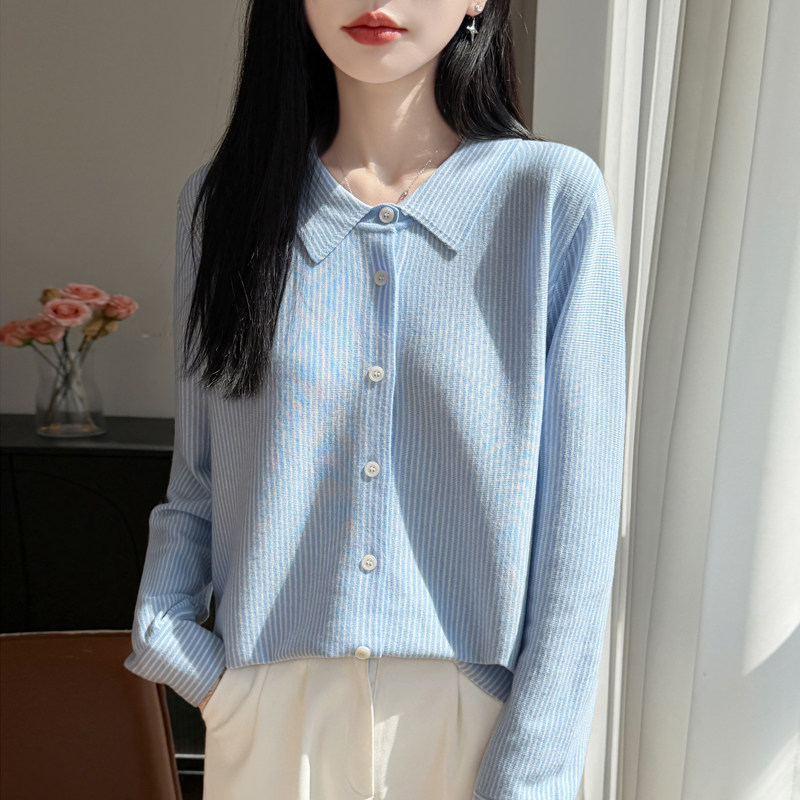 2026新款POLO领韩系叠穿竖条纹衬衣针织开衫女法式轻奢极简风显瘦