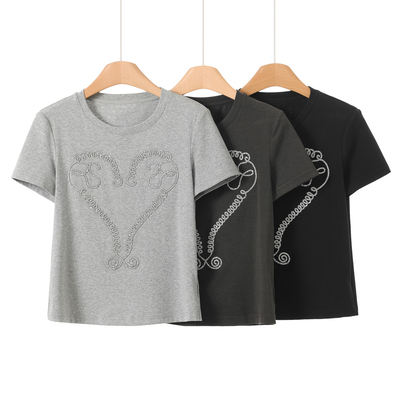 539 46%粘纤【莫Y】春装 烫钻修身短款休闲圆领T恤222