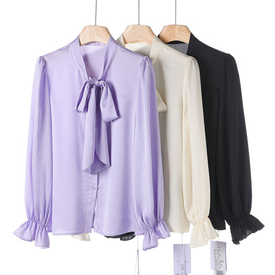 499西湖阁老【祥】春季 领口系带喇叭袖淑女减龄缎面衬衫623