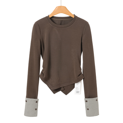 379 57%莫代尔【帛】26春装*绍 不规则摆露腰格子袖T恤035