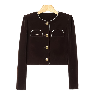 799西湖阁老【HO】春季 撞色边带垫肩无口袋丝绒外套023