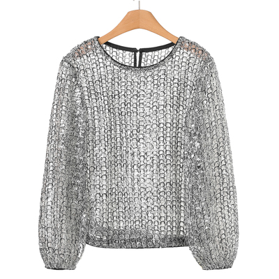 799西湖阁老【莫Y】26春装  重工亮片针织拼接微透网纱长袖T恤263