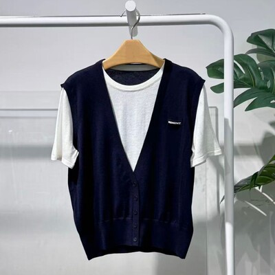 MM麦家26春季款女装假两件拼接单排扣针织衫短袖上衣4H3131141