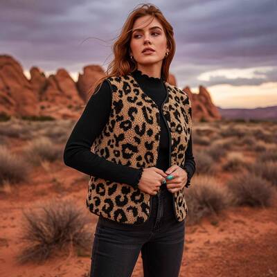 Leopard Print Sherpa Vest Jacket for Women - Cozy Sveless