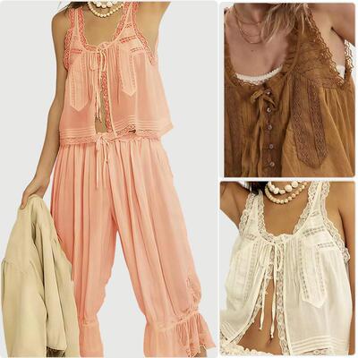 Women's 2 Piece Casual Outfits Sleeveless Tie Front Lace
