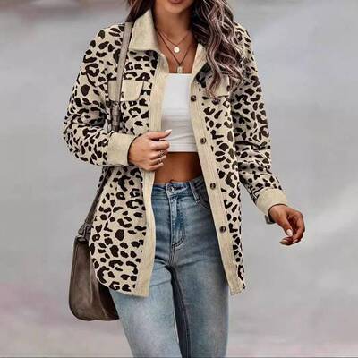 A ladies' khaki checkered button-up long-sleeved leopard