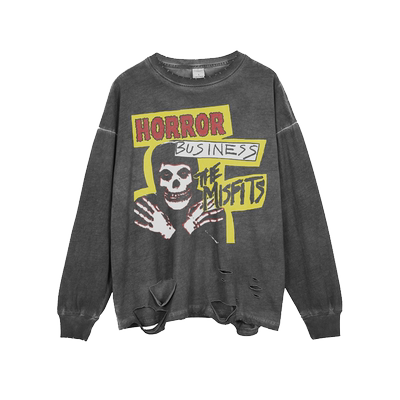 高街复古朋克摇滚印花水洗做旧破洞长袖T恤美式ins街头themisfits