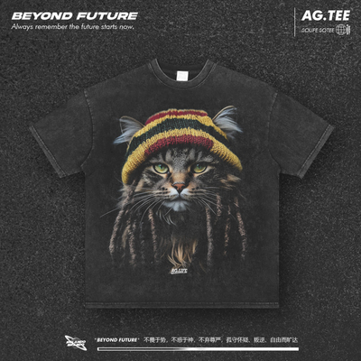 雷鬼猫头oversize中性美式复古街头水洗做旧宽松短袖T恤Vintage