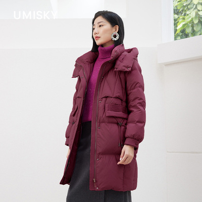 umisky优美世界专柜同款冬季时尚中长保暖连帽羽绒服SK4Y3212