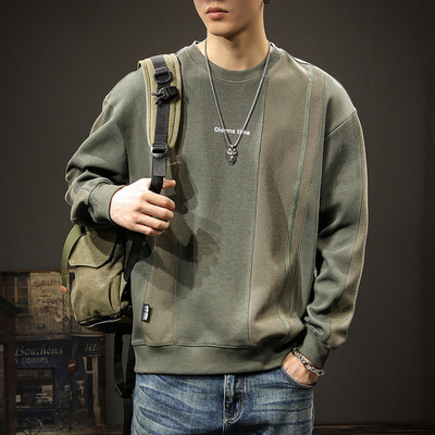 秋季美式潮牌重磅拼接针织卫衣男宽松大码春秋圆领长袖复古外套潮