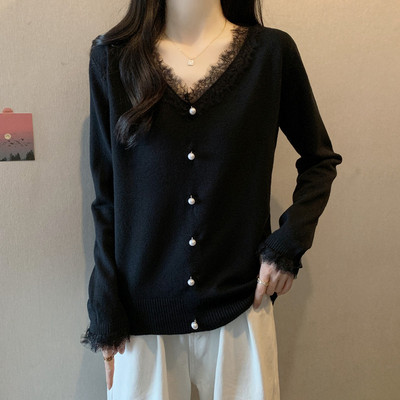 实拍 胖妹妹春装大码女装蕾丝拼接设计感针织衫显瘦宽松减龄上衣